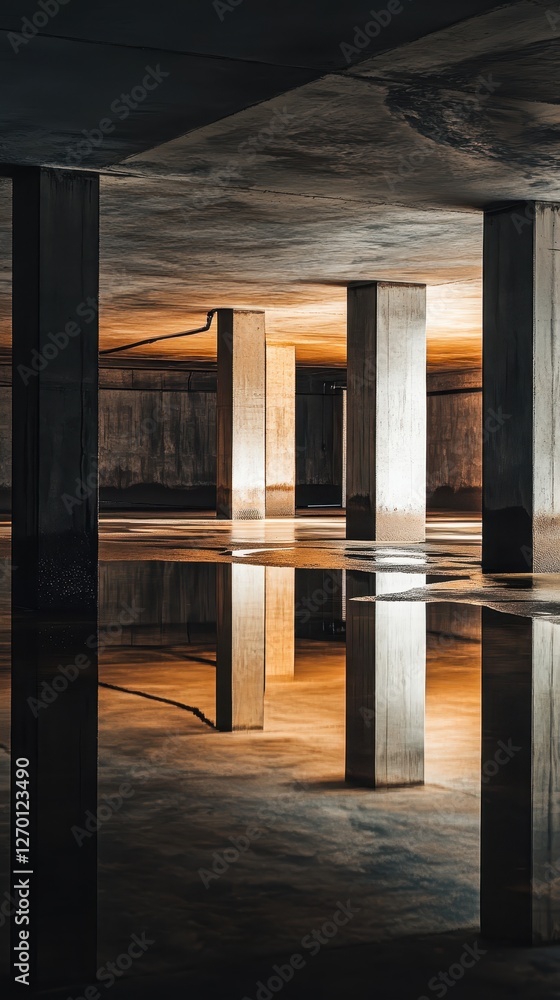 Submerged Symmetry: Concrete Columns Reflecting in a Flooded ...