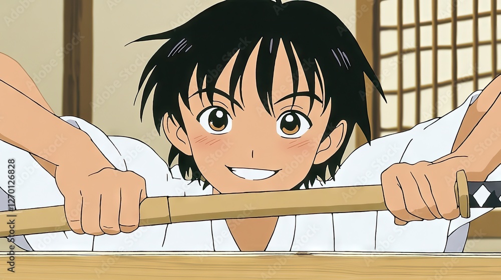 Smiling boy, kendo practice, dojo, wood background, anime illustration ...