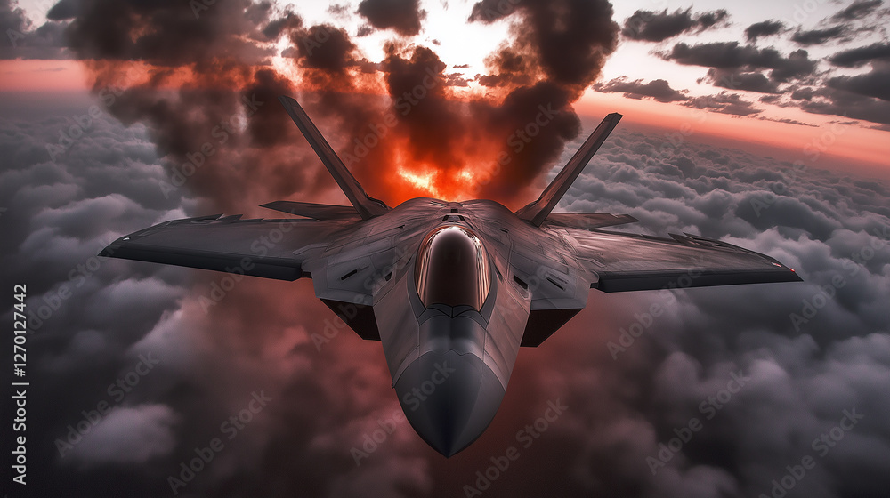 F-22 raptor breaking sound barrier leaving vapor trail at sunset Stock ...