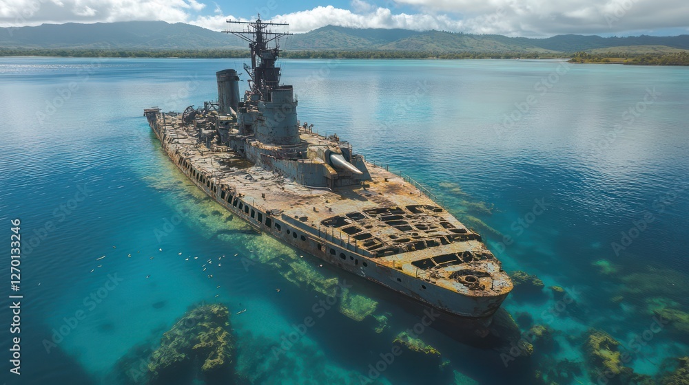 The sunken battleship USS Arizona, resting at the bottom of Pearl ...
