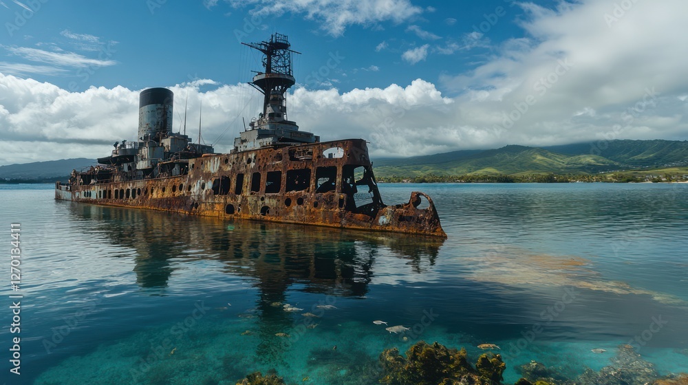 The sunken battleship USS Arizona, resting at the bottom of Pearl Harbor since the 1941 attack ...