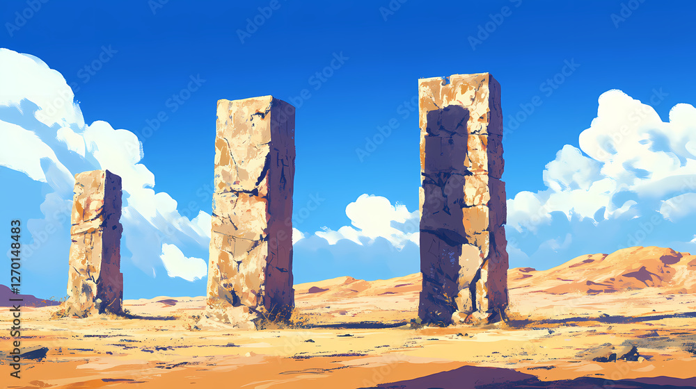 Three tall, stone pillars in a desert landscape under a bright blue sky. Pillars of Forgotten ...
