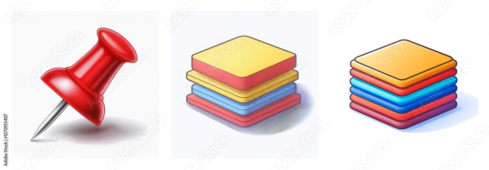A red push pin icon and two stack icons are shown. The stacks have ...