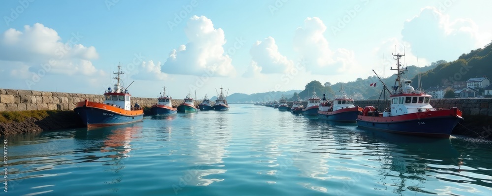 Harbour with fishing boats bobbing gently at high tide, boats, bobbing ...