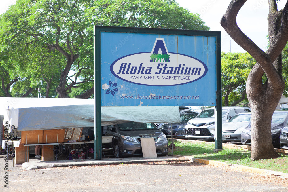 Oahu, Hawaii USA, February 11, 2025: Aloha Stadium sign at swap meet ...