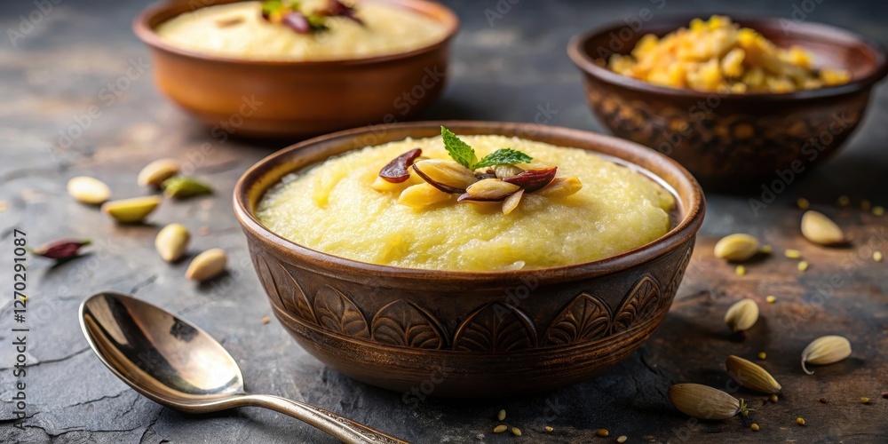 Semolina pudding with cardamom and saffron garnish made from ...