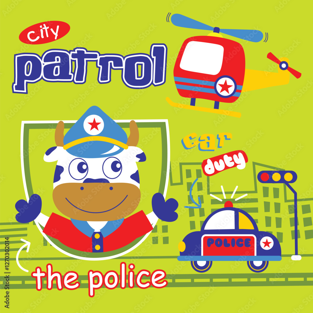 Playful cartoon cow police officer patrolling the city with a police ...