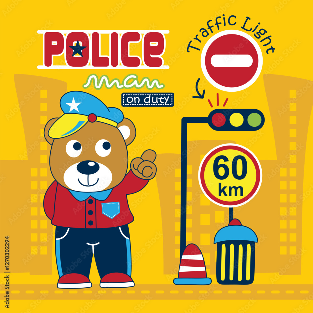 Playful cartoon bear police officer directing traffic with a speed ...