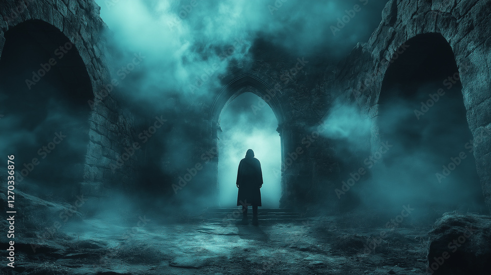 Echoes in the Stone: A lone figure stands at the threshold of an ...