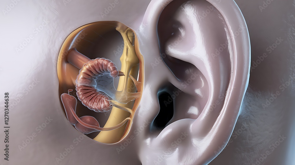 Illustration shows the inner workings of a human ear, highlighting the ...