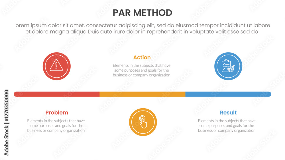 PAR method infographic 3 point with small circle timeline horizontal ...