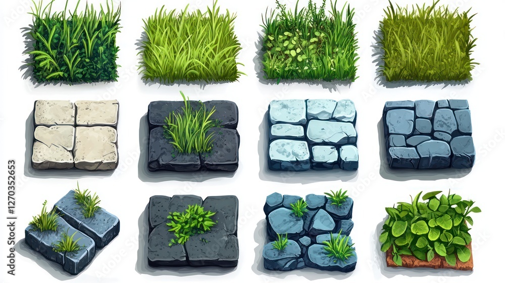 Game assets grass, stone textures, white background, 2D sprites Stock ...