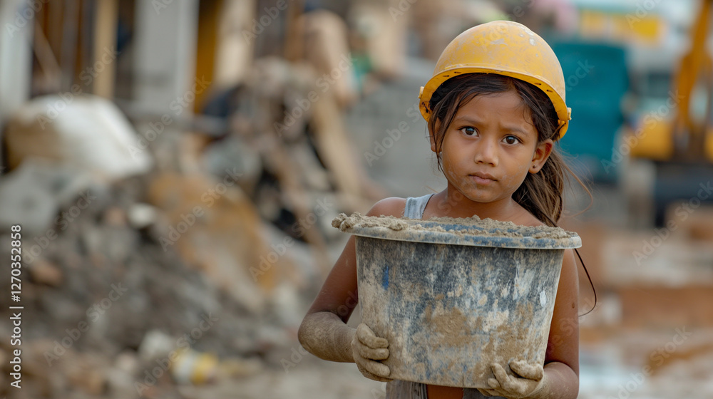 Girl carrying a bucket of cement Work on construction sites to earn ...