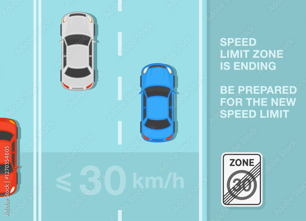 Safe driving tips and traffic regulation rules. "End of speed limit ...