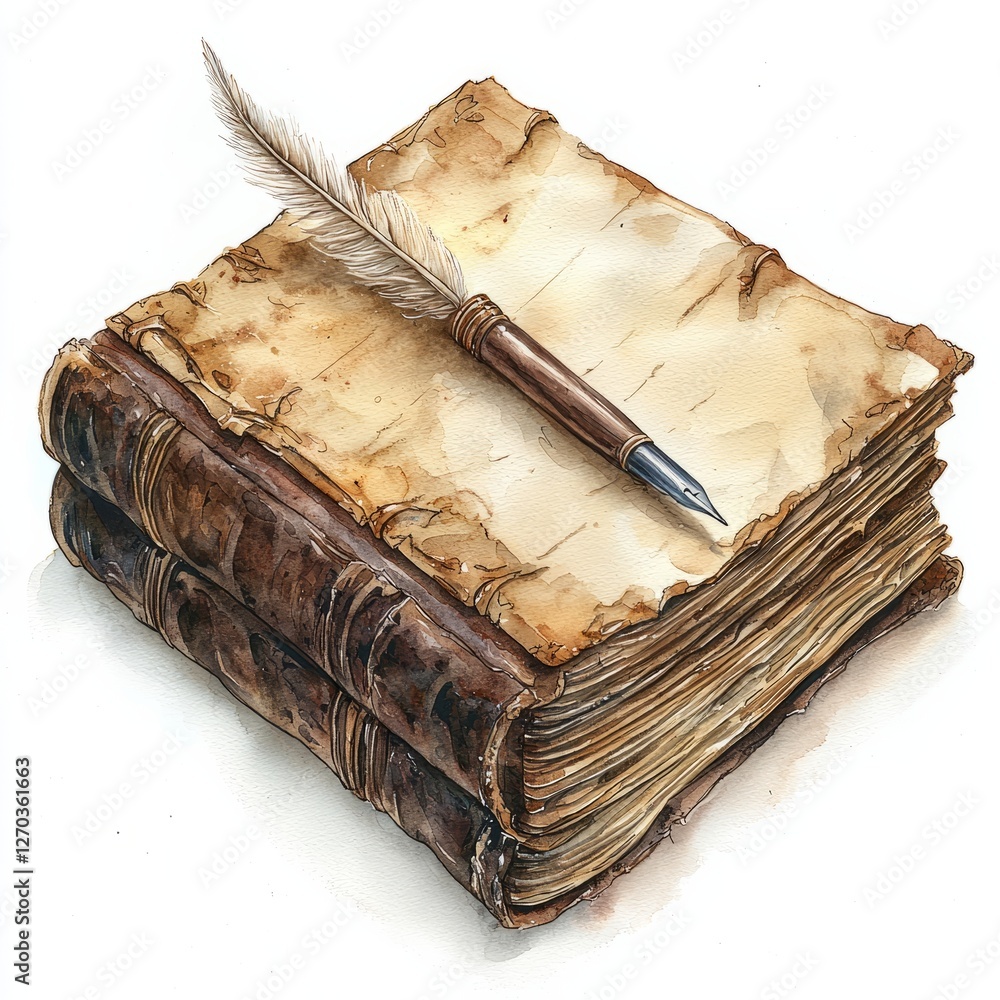 Watercolor painting of an old, worn-out diary with a quill pen resting ...