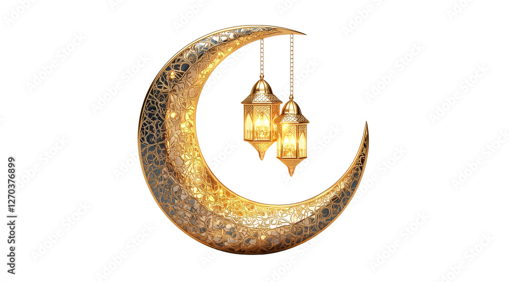 PNG, Ramadan, crescent moon with lanterns, isolated on white background ...