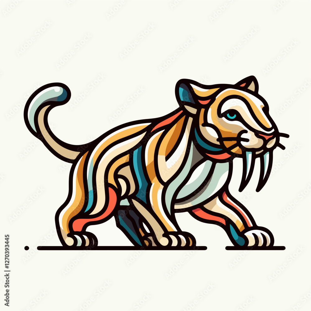 Vibrant Saber-Toothed Tiger: A stylized illustration of a saber-toothed ...