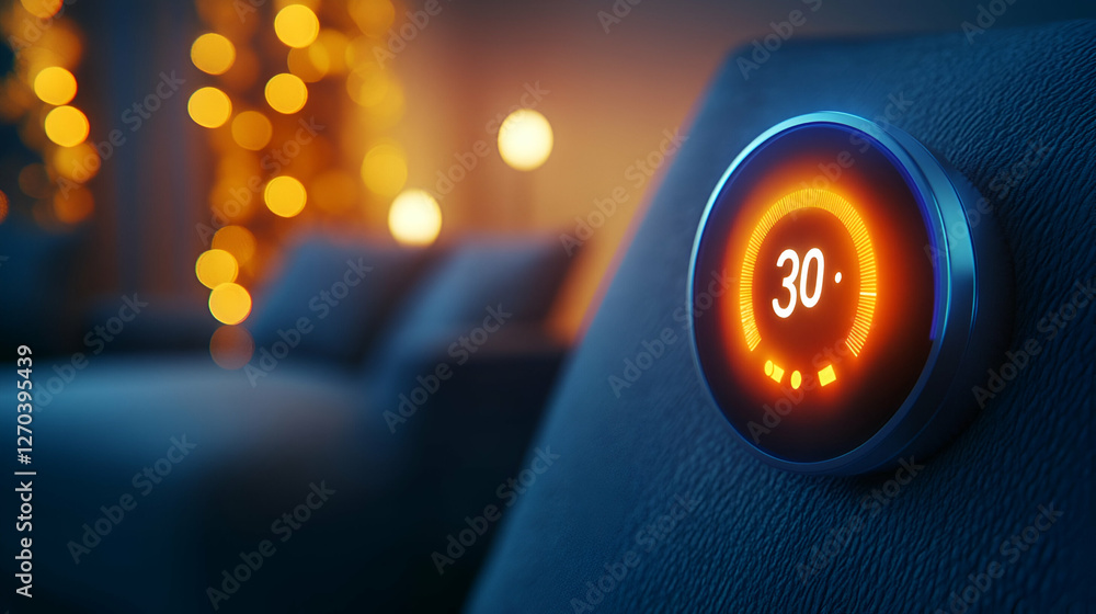A modern thermostat displaying temperature settings in a cozy, ambient ...