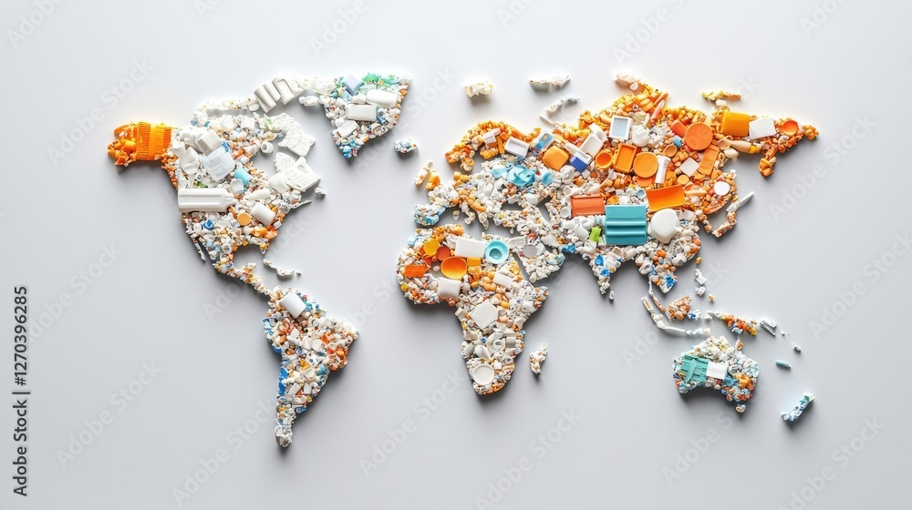 Plastic pollution idea. Creative representation of the world map using ...