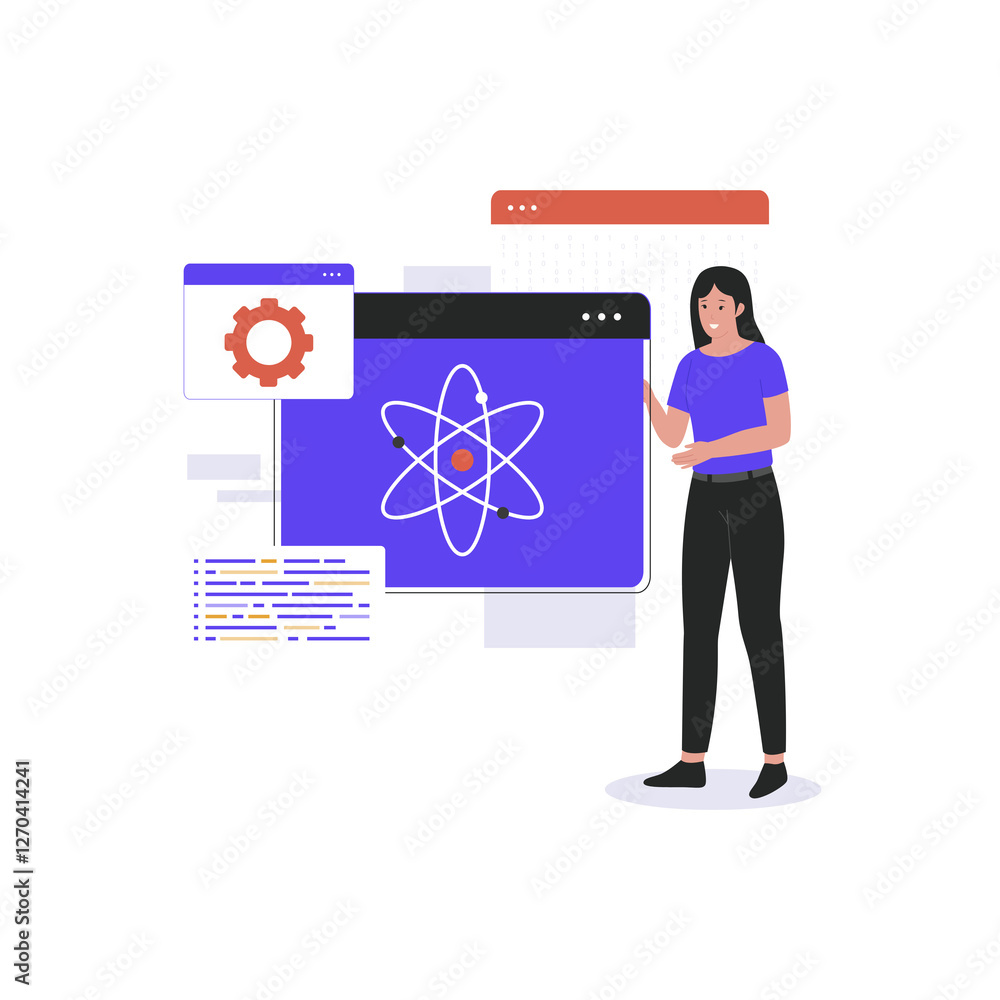 Smiling woman presents a digital interface showcasing an atom, code ...