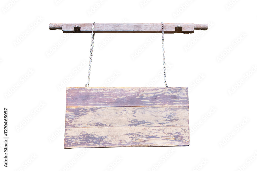 Old empty wooden sign structure hanging from wooden beam isolated on ...
