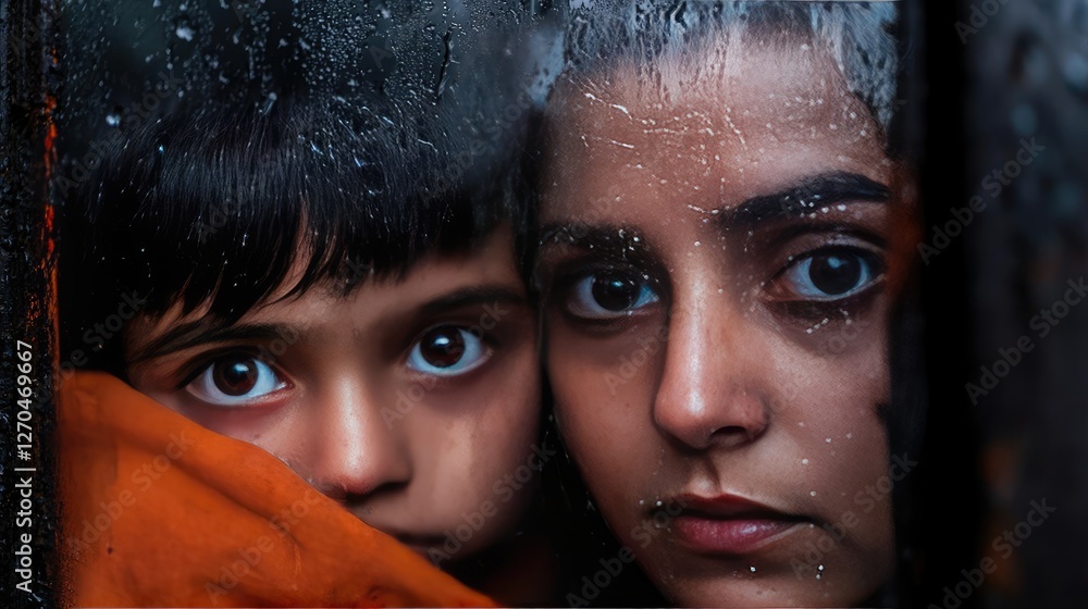 Acid rain climate change concept. Two children peering through a rain ...