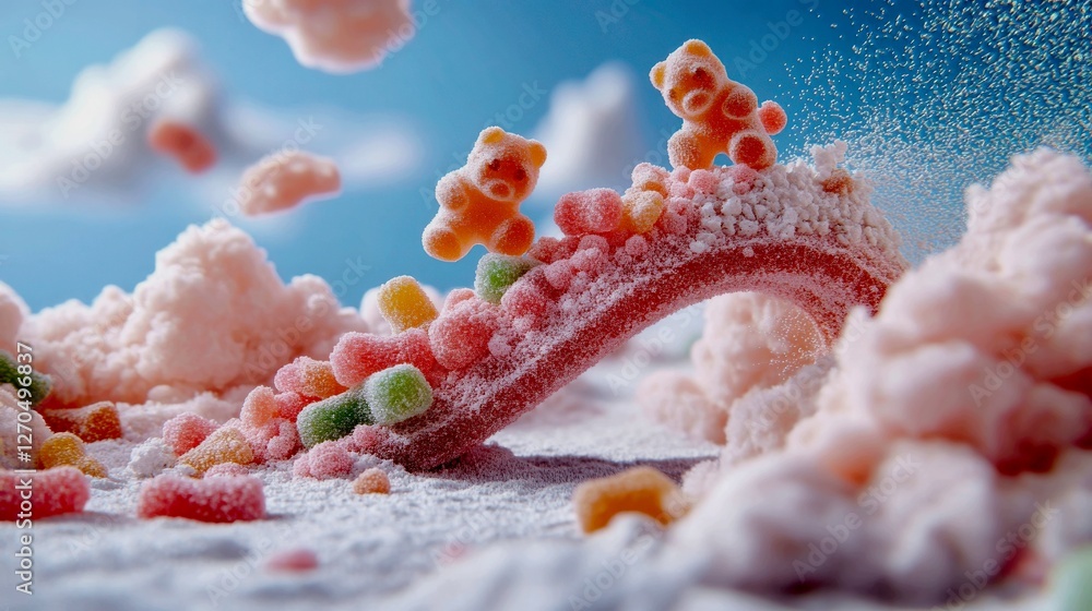 Gummy bears ‘hiking’ on a mountain of rainbow sprinkles, licorice ...