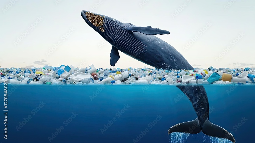Plastic pollution idea. A majestic whale surfaces amidst ocean ...