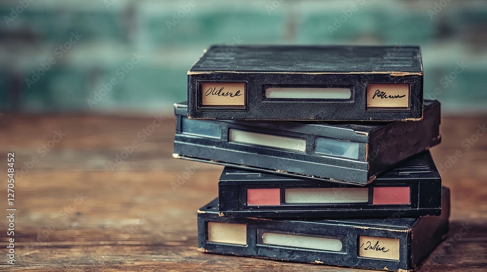 Vintage VHS Tapes Stacked on Wooden Surface with Soft Background Stock ...