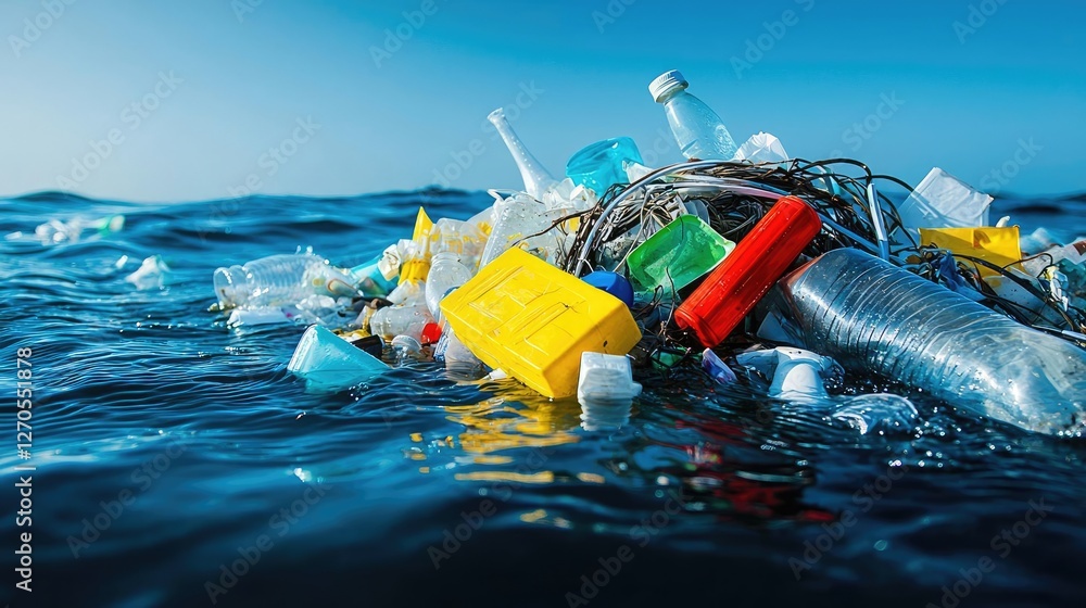 Plastic pollution concept. Plastic waste floating in ocean highlights ...