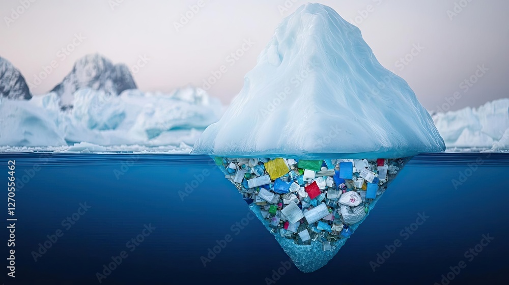 Plastic pollution concept. An iceberg floats above water, hiding a mass ...