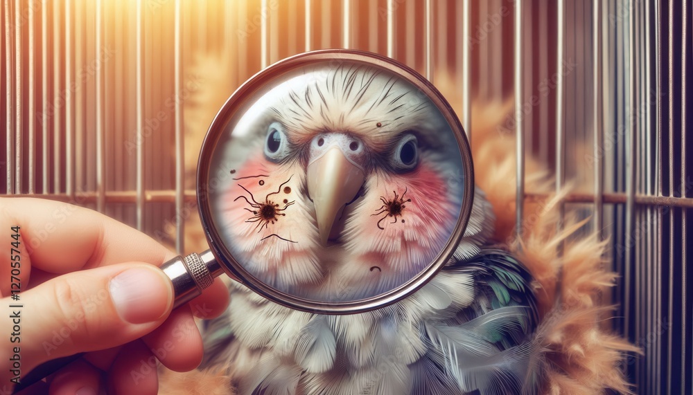 Magnifying glass reveals details of a colorful bird in a cage home ...