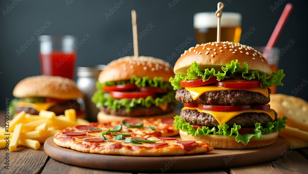 Wholesome assortment of junk foods including fast , junk, pizza, and ...