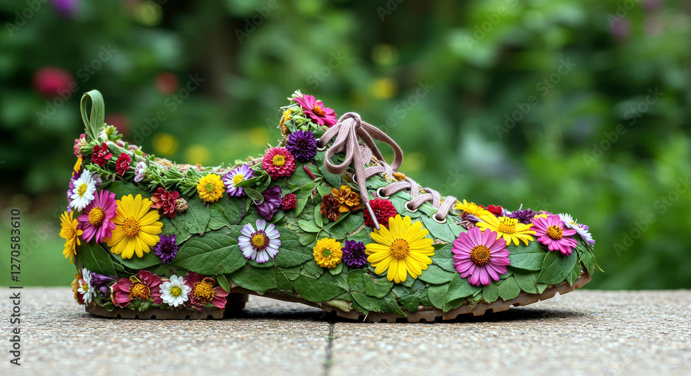 Environmental-friendly shoe made from flowers and leaves. taking steps ...