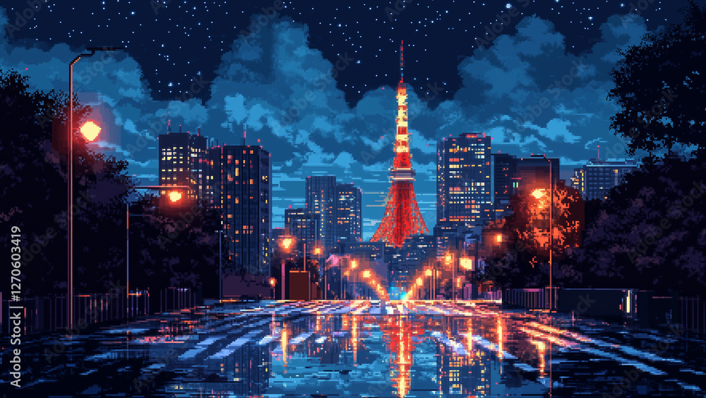 tokyo city skyline at night pixel art style Stock Illustration | Adobe ...
