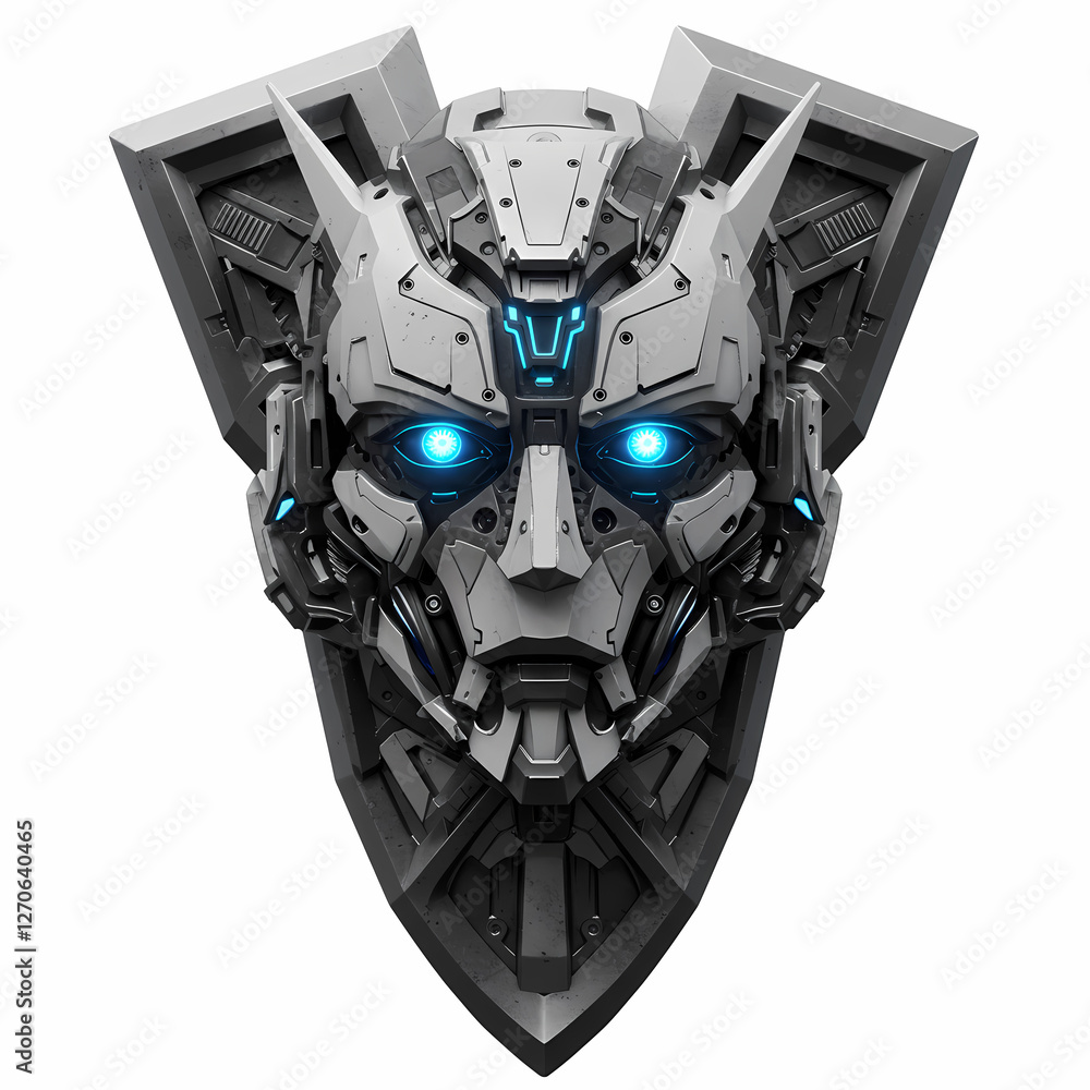 3D robotic mech emblem with a futuristic AI face, glowing blue eyes ...
