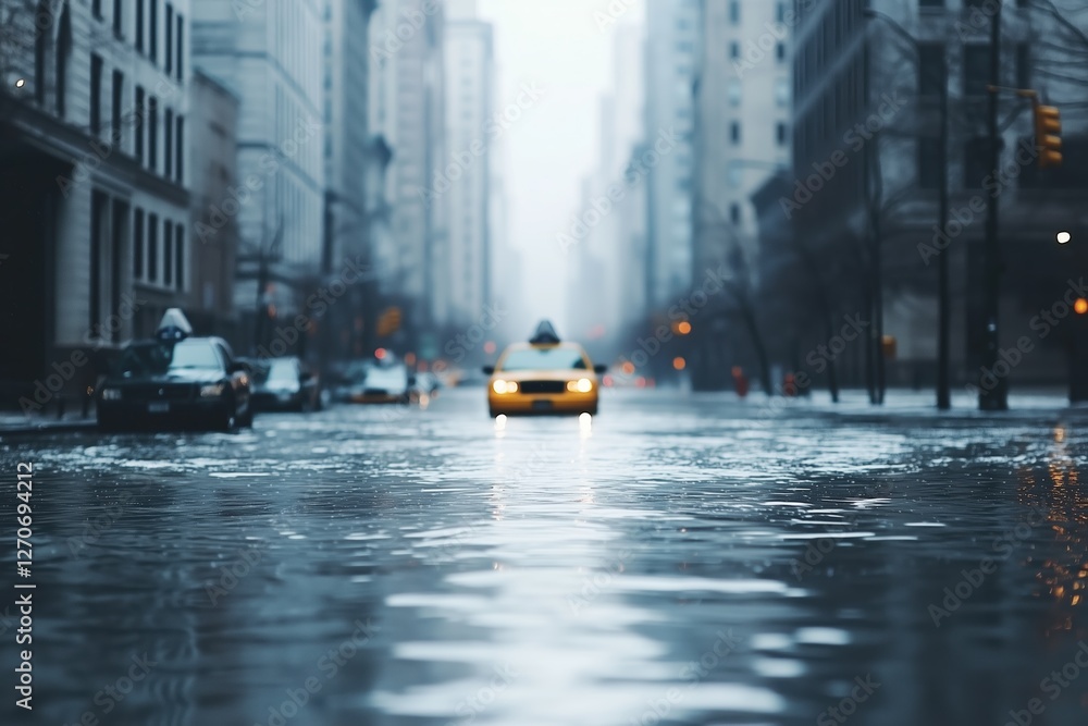 A flooded city street with taxis and cars partially submerged in water ...