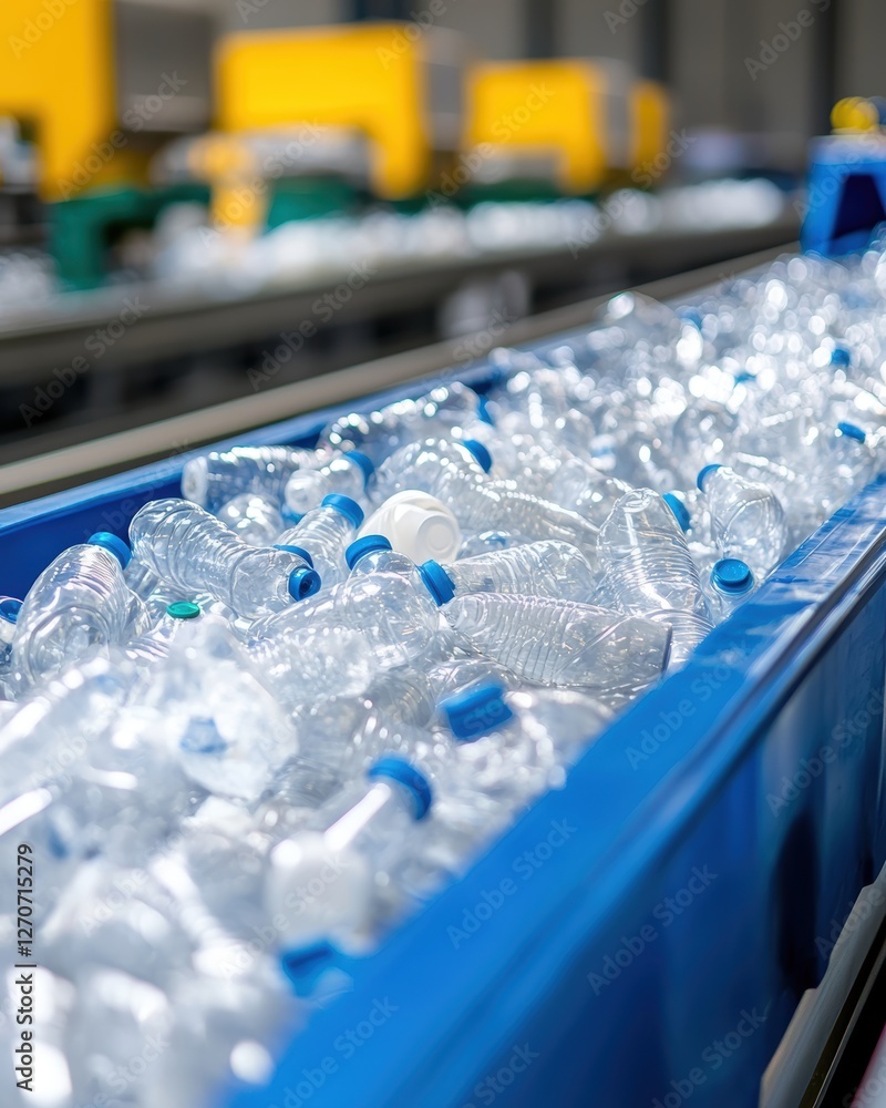 Recycling process in action, plastic waste being transported on an ...