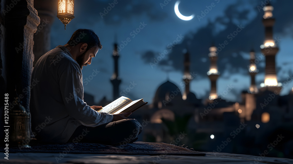 Ramadan Kareem greeting. Islamic crescent moon and lantern. End of ...
