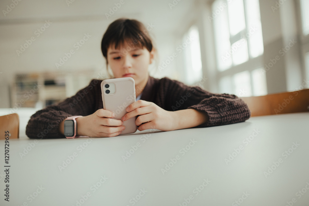 Young schoolgirl sitting in a science lab with a phone in her hand ...