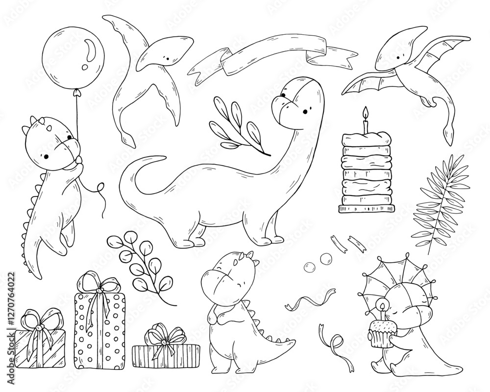 Graphic vector black and white set with little dinosaurs, gifts, leaves ...
