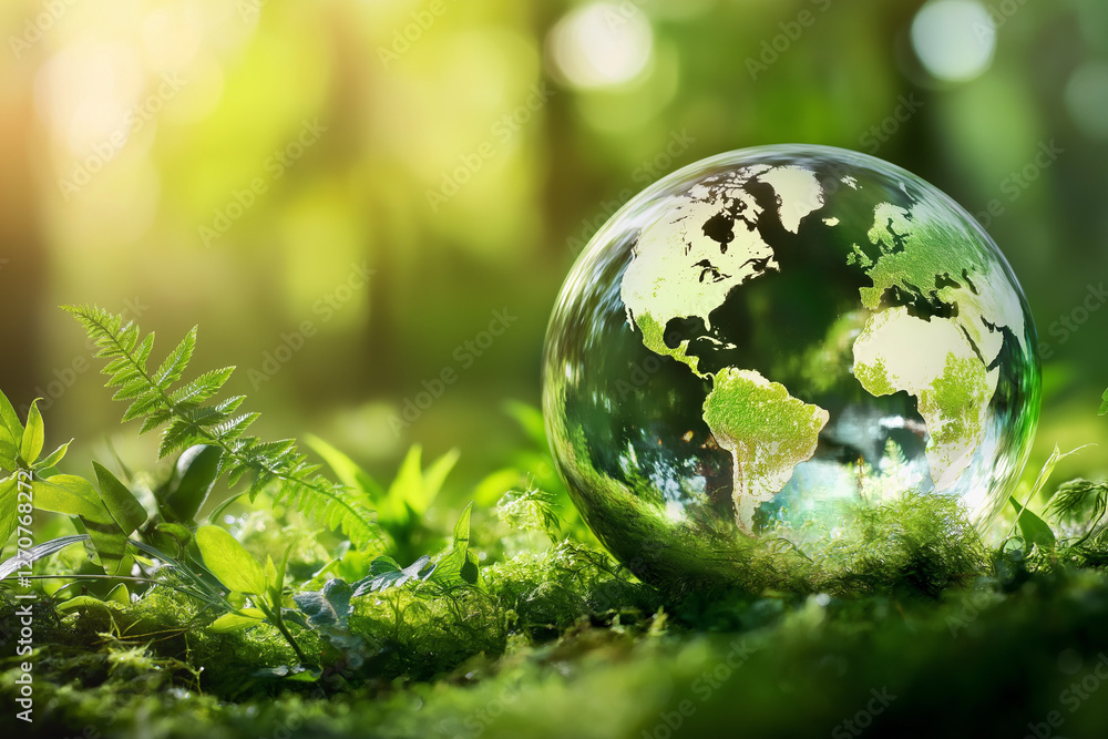 Glass globe in green forest with the icon environment of ESG, co2 ...