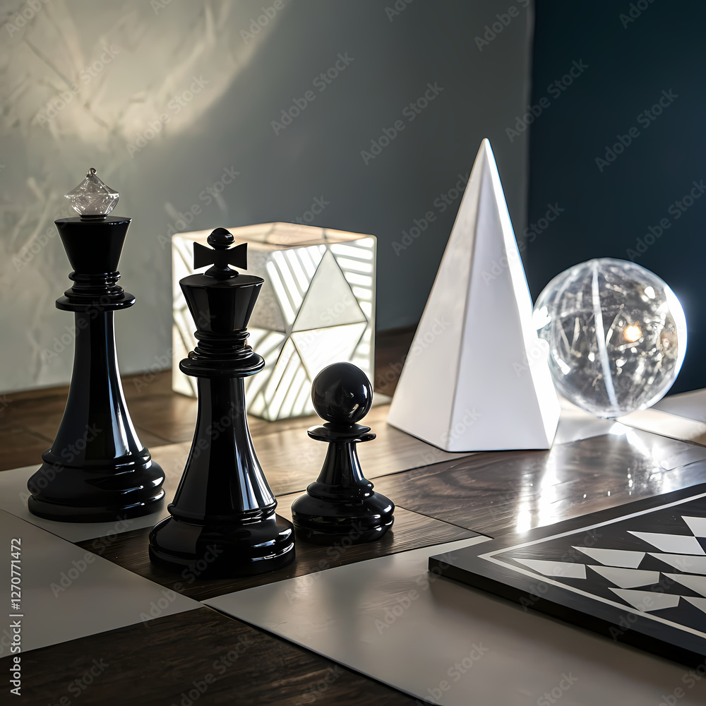 Chess pieces with geometric lights and decorative objects / Piezas de ...