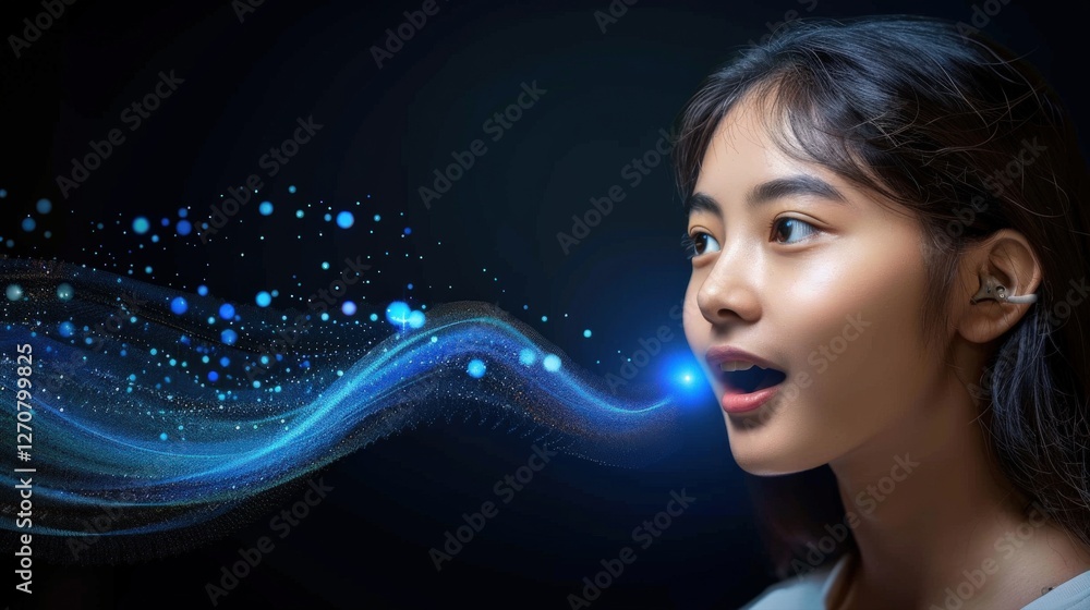 Young female wearing smart earpiece using voice recognition technology ...