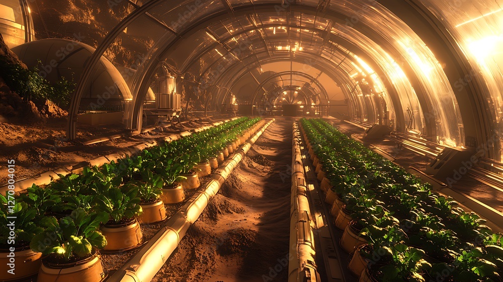 A futuristic Martian farming facility inside a transparent dome, with ...