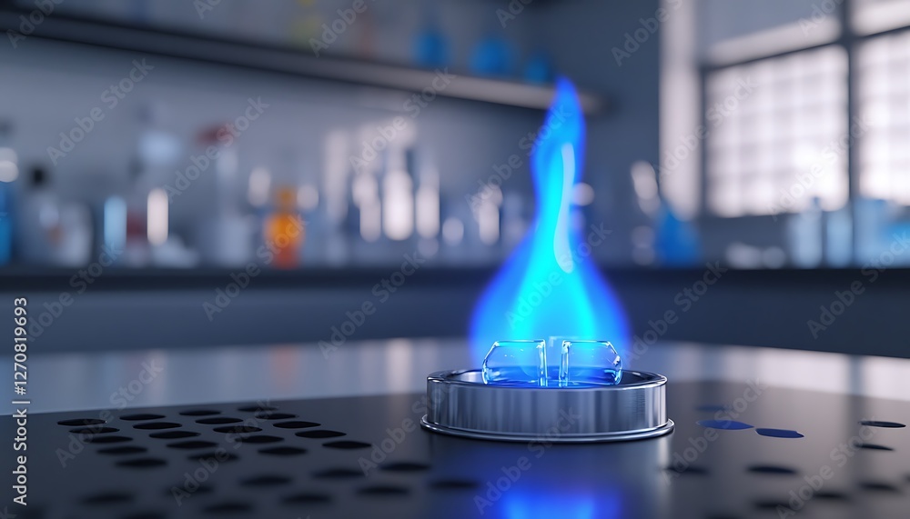 High-resolution image of a Bunsen burner with a blue flame in an ...