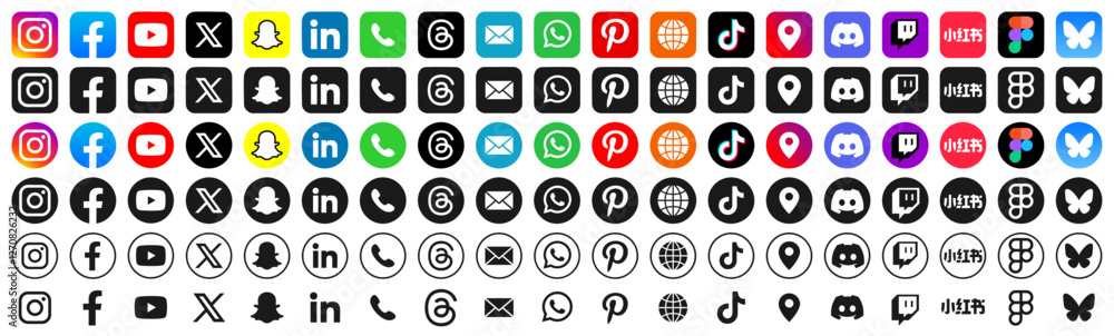 Latest social media logo icon set 2025. Bluesky, instagram, facebook, X ...