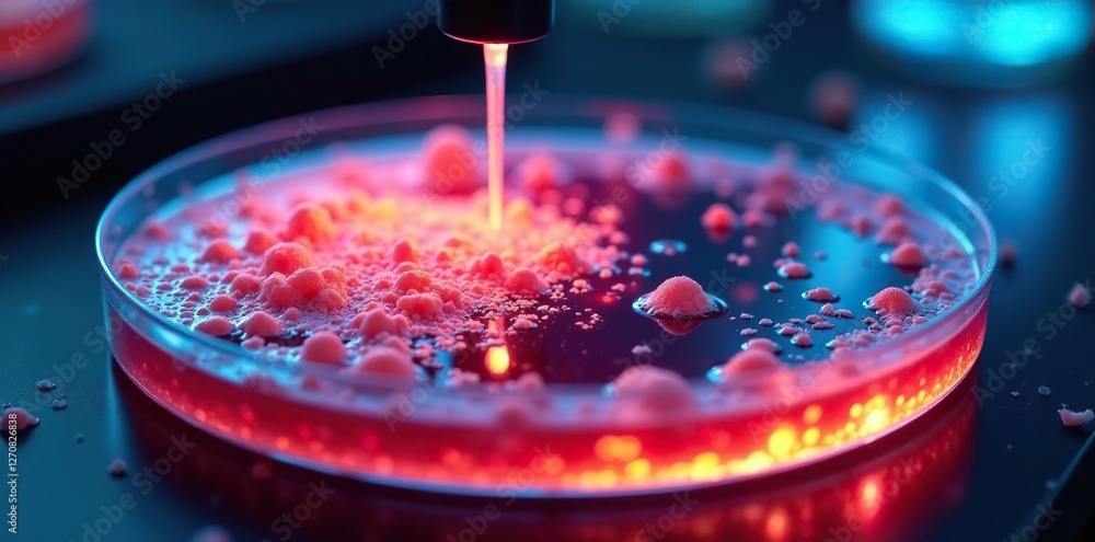 Bacterial growth on petri agar plate under microscope light, bacterial ...