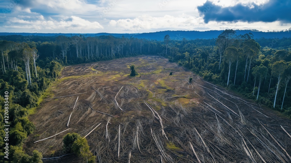 Large-scale deforestation with tree stumps and dry land under a blue ...