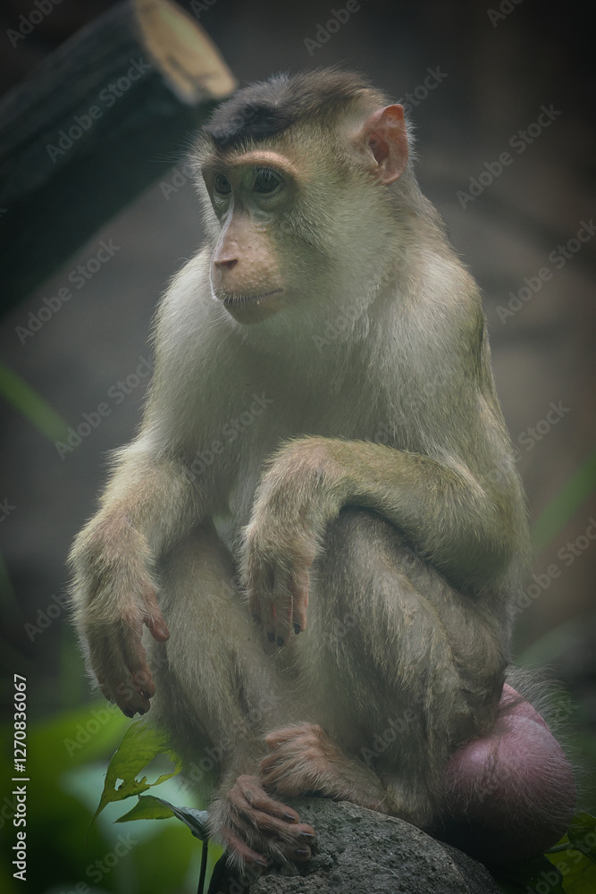 Southern pig-tailed macaque (Macaca nemestrina) at Taiping Zoo and Night Safari Malaysia. This ...